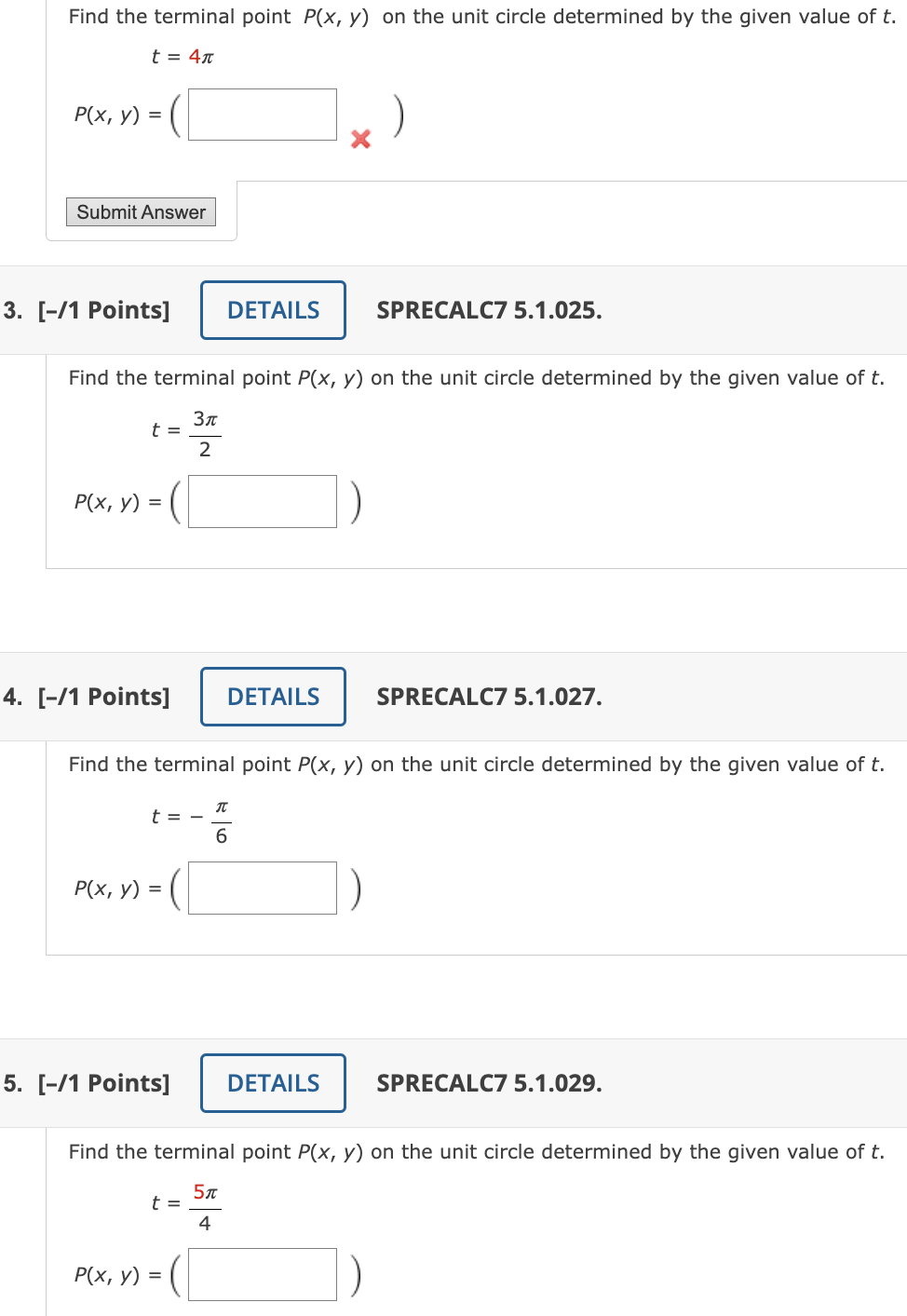 Solved Find the terminal point P(x, y) on the unit circle | Chegg.com