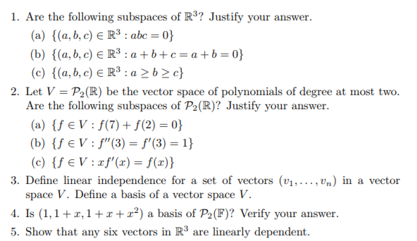 Solved 1. Are the following subspaces of R3? Justify your | Chegg.com