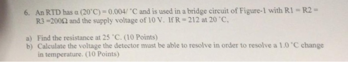 Solved An RTD has α (20°C)-0.004:C and is used in a bridge | Chegg.com