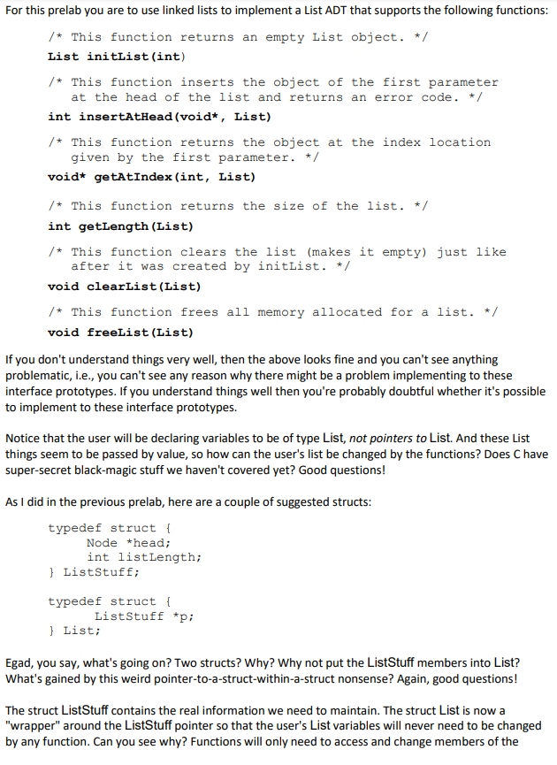 Solved For this prelab you are to use linked lists to | Chegg.com