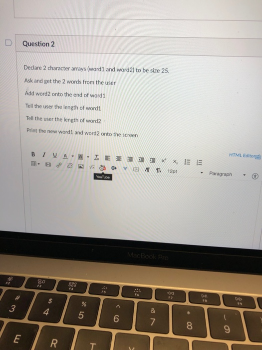 Solved DI Question 2 Declare 2 character arrays (word1 and | Chegg.com
