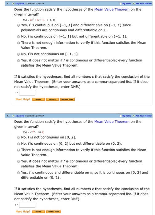 Solved Does the function satisfy the hypotheses of the Mean | Chegg.com