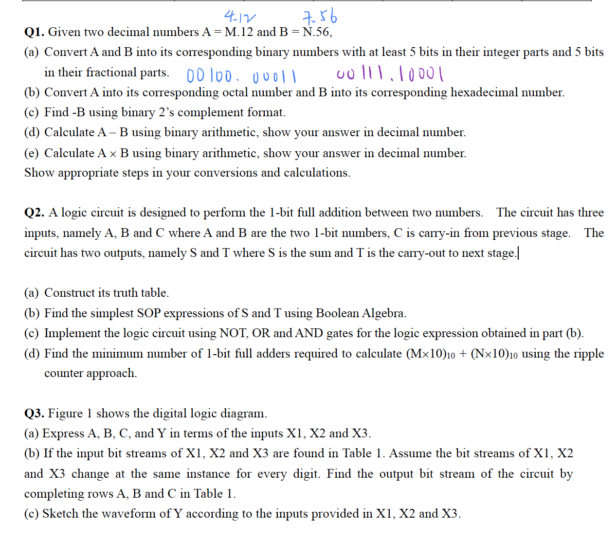 Solved 4.127.56 Q1. Given two decimal numbers A = M.12 and B | Chegg.com