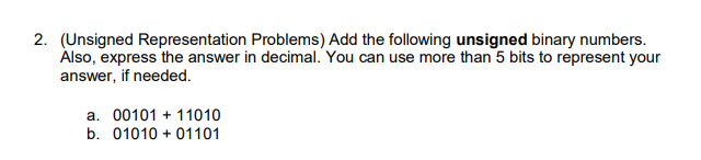 Solved 2. (Unsigned Representation Problems) Add the | Chegg.com
