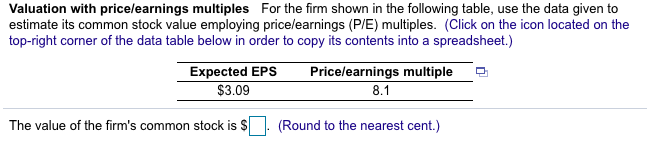 Solved Valuation with pricelearnings multiples For the firm | Chegg.com