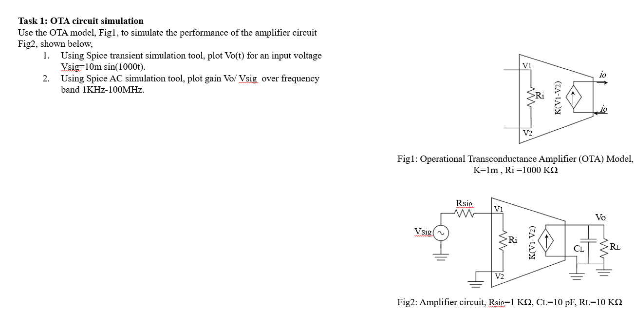 Solved Task 1: OTA circuit simulation Use the OTA model, | Chegg.com