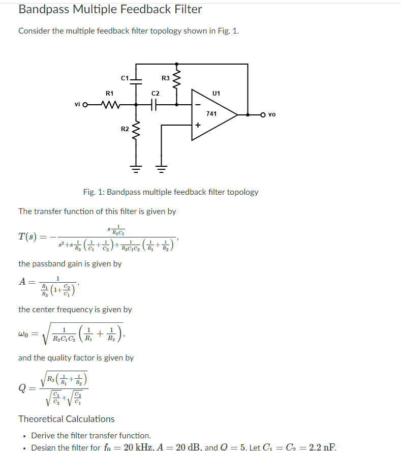 Solved Bandpass Multiple Feedback Filter Consider the | Chegg.com