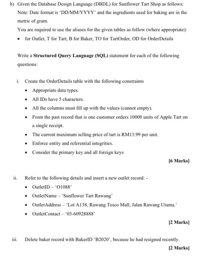 Solved b) ﻿Given the Database Design Language (DBDL) ﻿for | Chegg.com