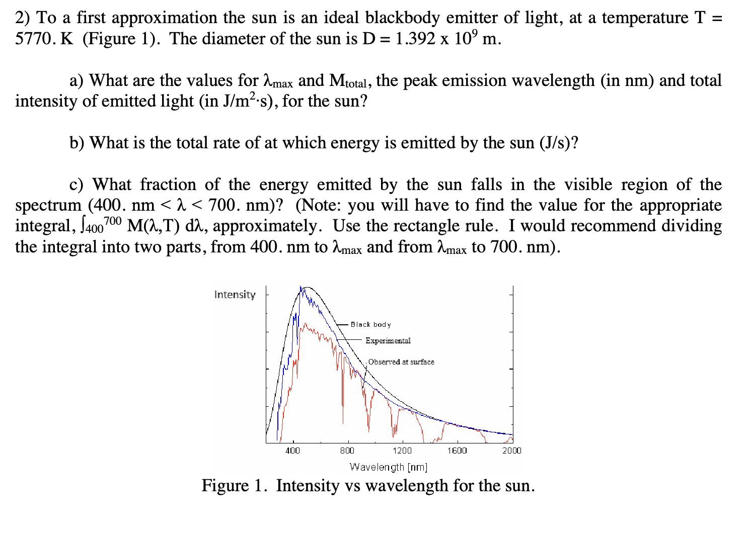Solved o a first approximation the sun is an ideal blackbody | Chegg.com