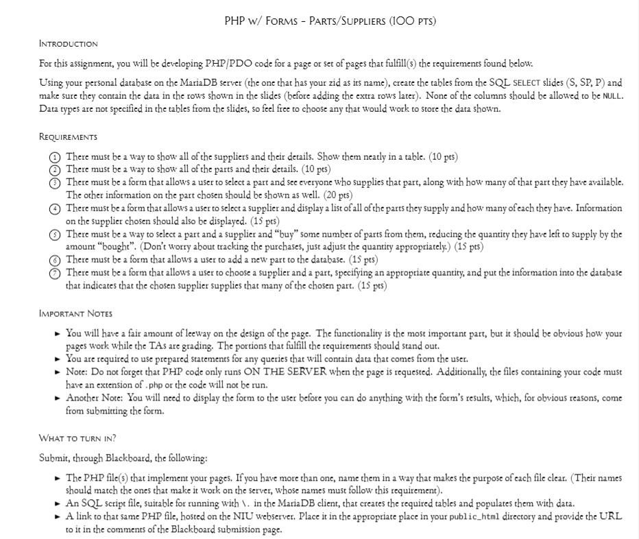 Solved PHP w/ FORMS - PARTS/SUPPLIERS (1OO PTS) INTRODUCTION | Chegg.com