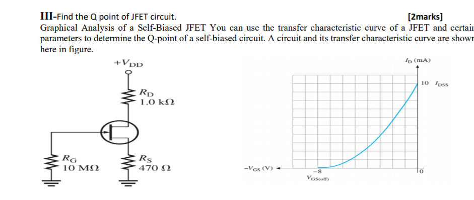 Solved III-Find the Q point of JFET circuit. [2marks] | Chegg.com
