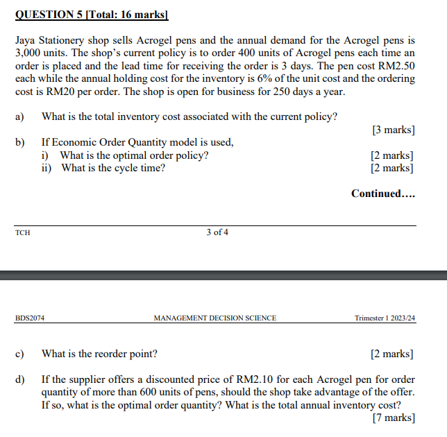 Solved QUESTION 5 [Total: 16 marks] Jaya Stationery shop | Chegg.com