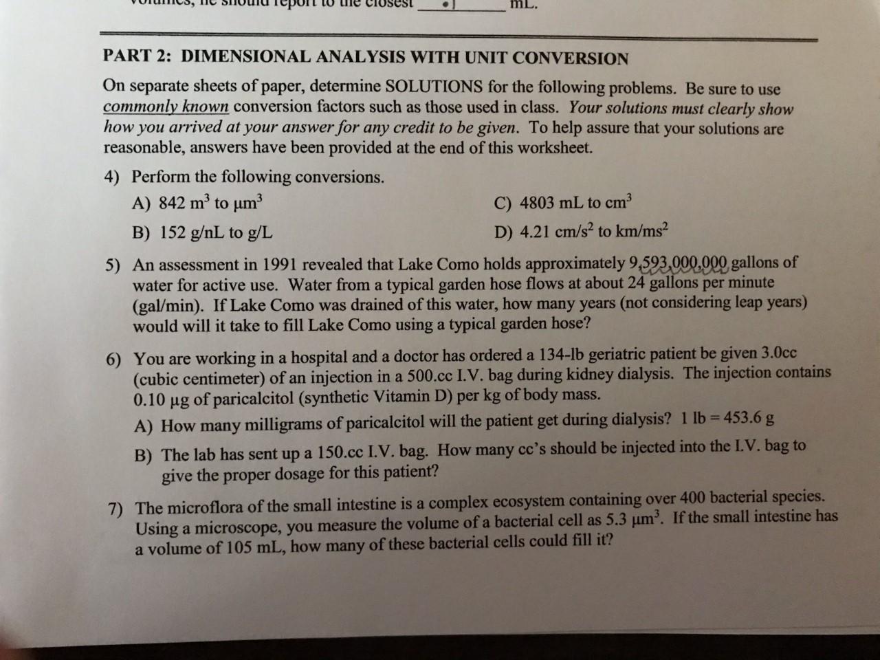 Solved PART 2: DIMENSIONAL ANALYSIS WITH UNIT CONVERSION On | Chegg.com