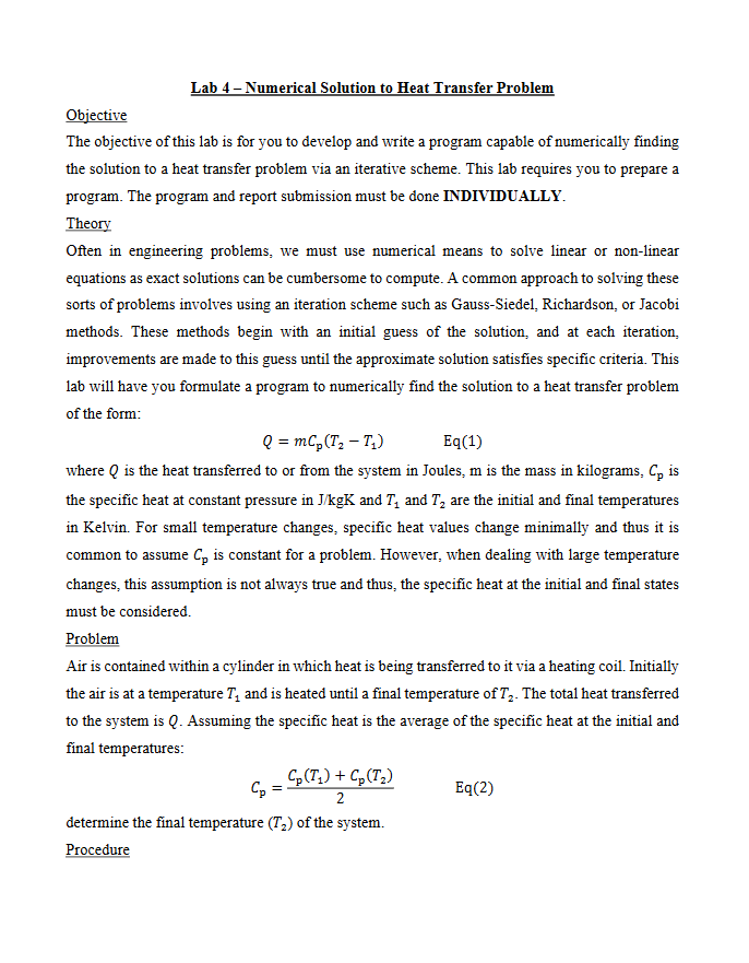 Solved T2 to ﻿numerically solve for the final temperature | Chegg.com