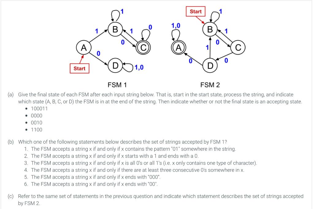 Solved (a) Give the final state of each FSM after each input | Chegg.com