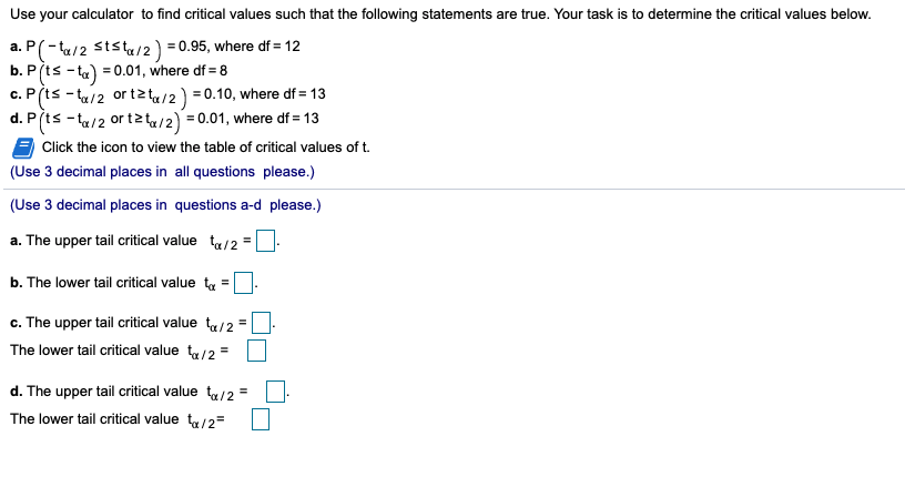 Solved Use your calculator to find critical values such that | Chegg.com