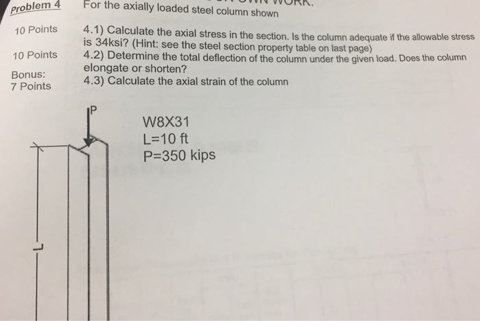 Solved roblem 4 For the axially loaded steel column shown 01 | Chegg.com