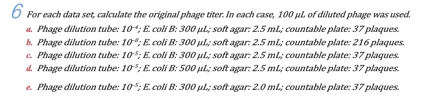 6 For each data set, calculate the original phage | Chegg.com
