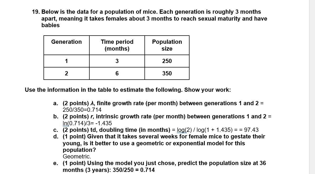 Solved 19. Below is the data for a population of mice. Each | Chegg.com