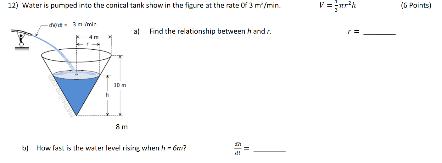 Solved 12.) Water is pumped into the conical tank show in | Chegg.com