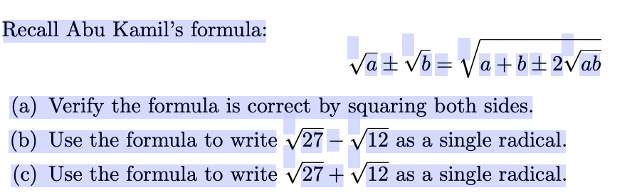 Solved Recall Abu Kamil's formula: Va Vo= Va+b+ 2Vab (a) | Chegg.com
