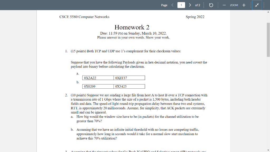 Solved Page 1 > of 2 0 ZOOM + CSCE 5580 Computer Networks | Chegg.com