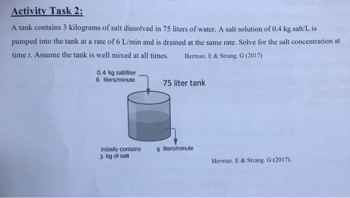 Solved Activity Task 2: A tank contains 3 kilograms of salt | Chegg.com
