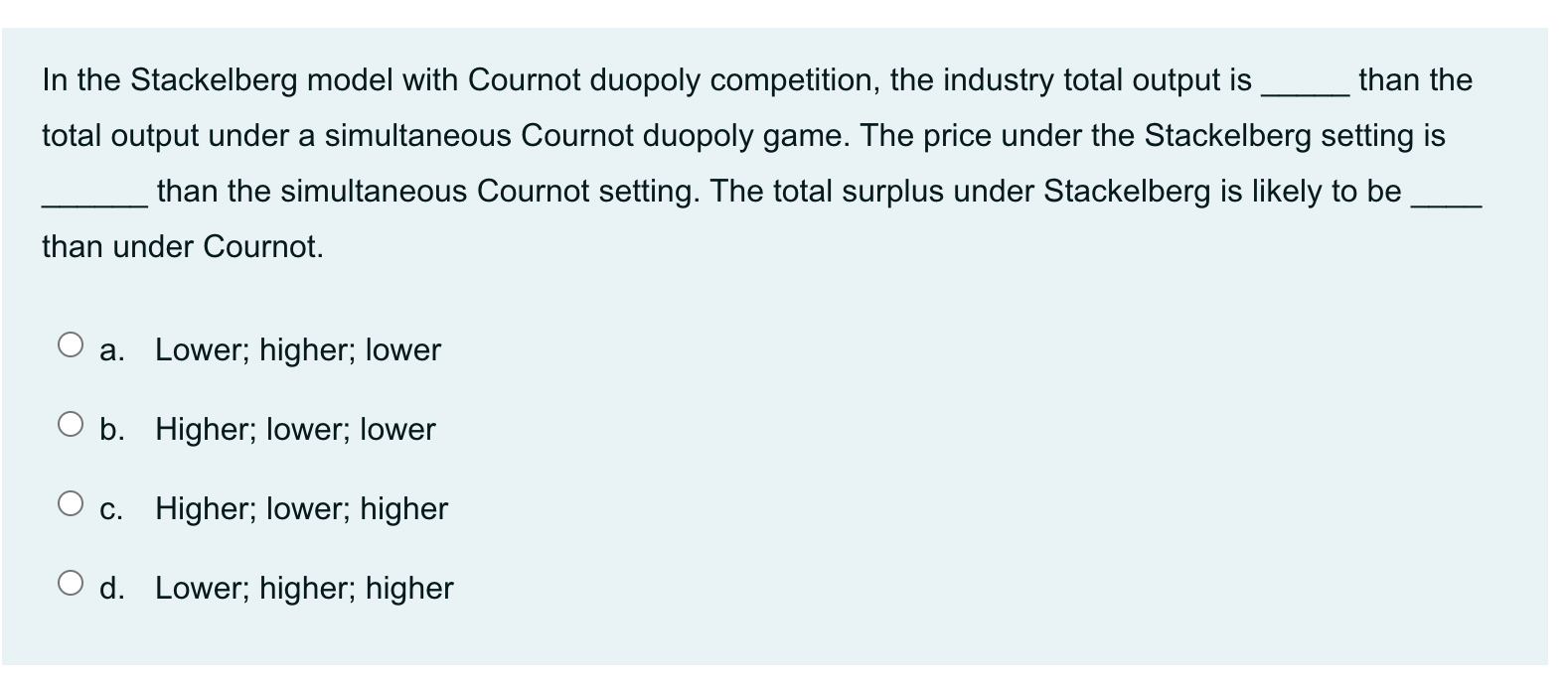 Solved In the Stackelberg model with Cournot duopoly | Chegg.com