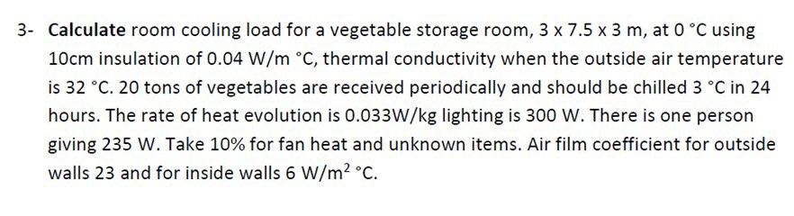 Solved 3- Calculate room cooling load for a vegetable | Chegg.com