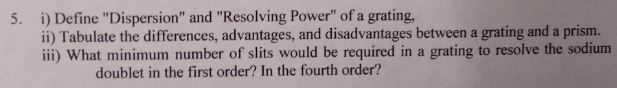 Solved 5. i) Define "Dispersion" and "Resolving Power" of a | Chegg.com