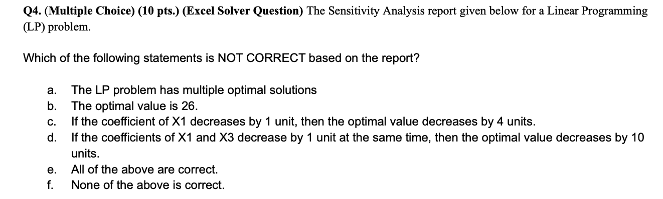 Solved Q4. (Multiple Choice) (10 pts.) (Excel Solver | Chegg.com