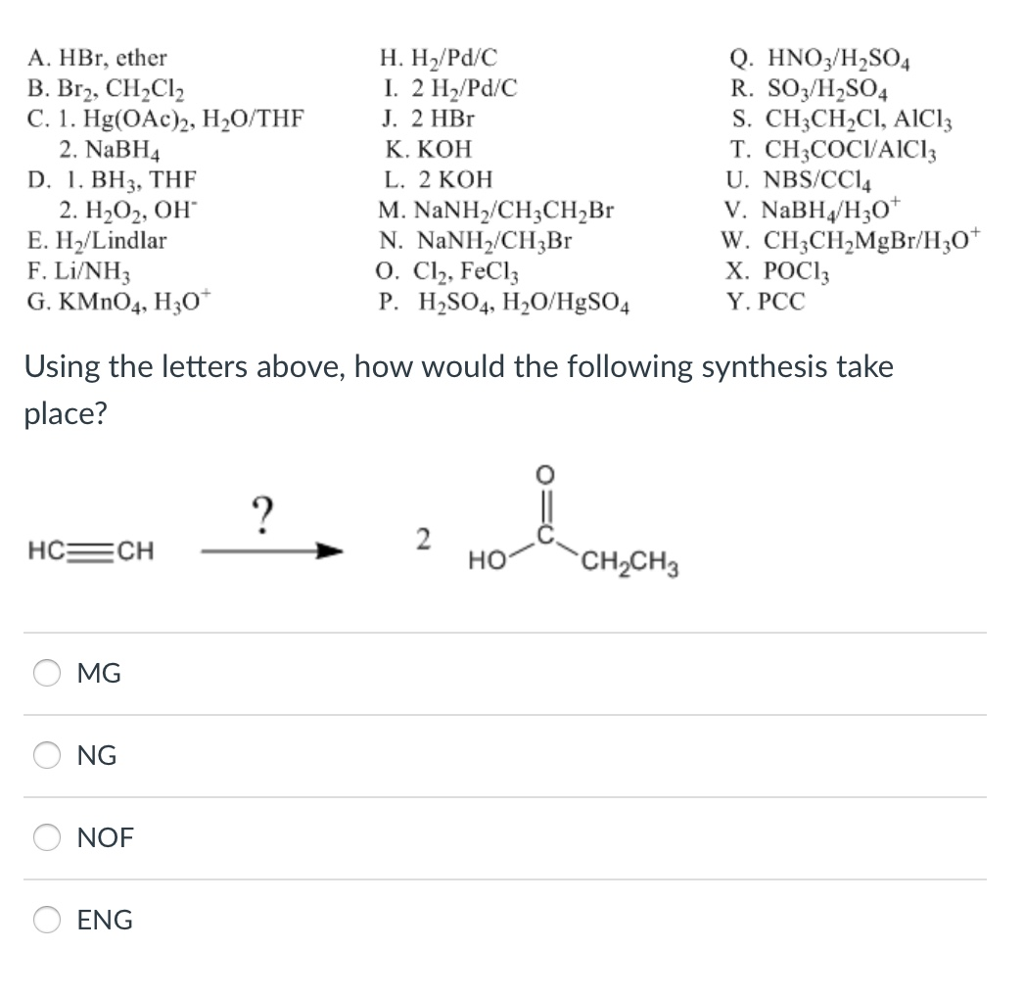 Solved A. HBr, ether B. Br2, CH2Cl2 C. 1. Hg(OAc)2, H2O/THF | Chegg.com