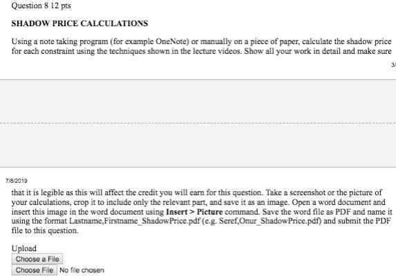 Solved Question 8 12 pts SHADOW PRICE CALCULATIONS Using a | Chegg.com