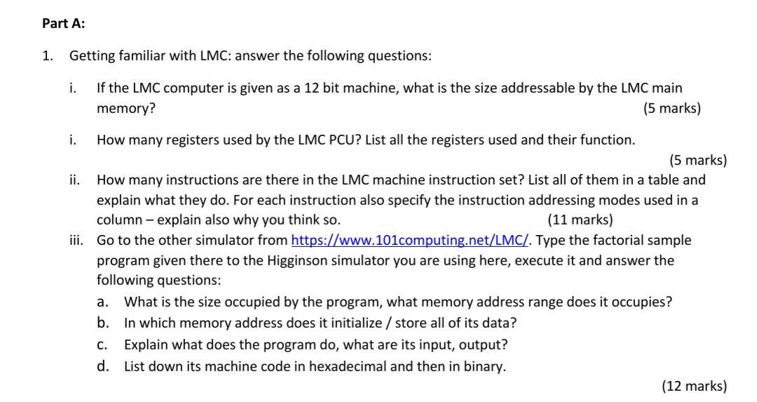 Solved Part A: 1. Getting familiar with LMC: answer the | Chegg.com