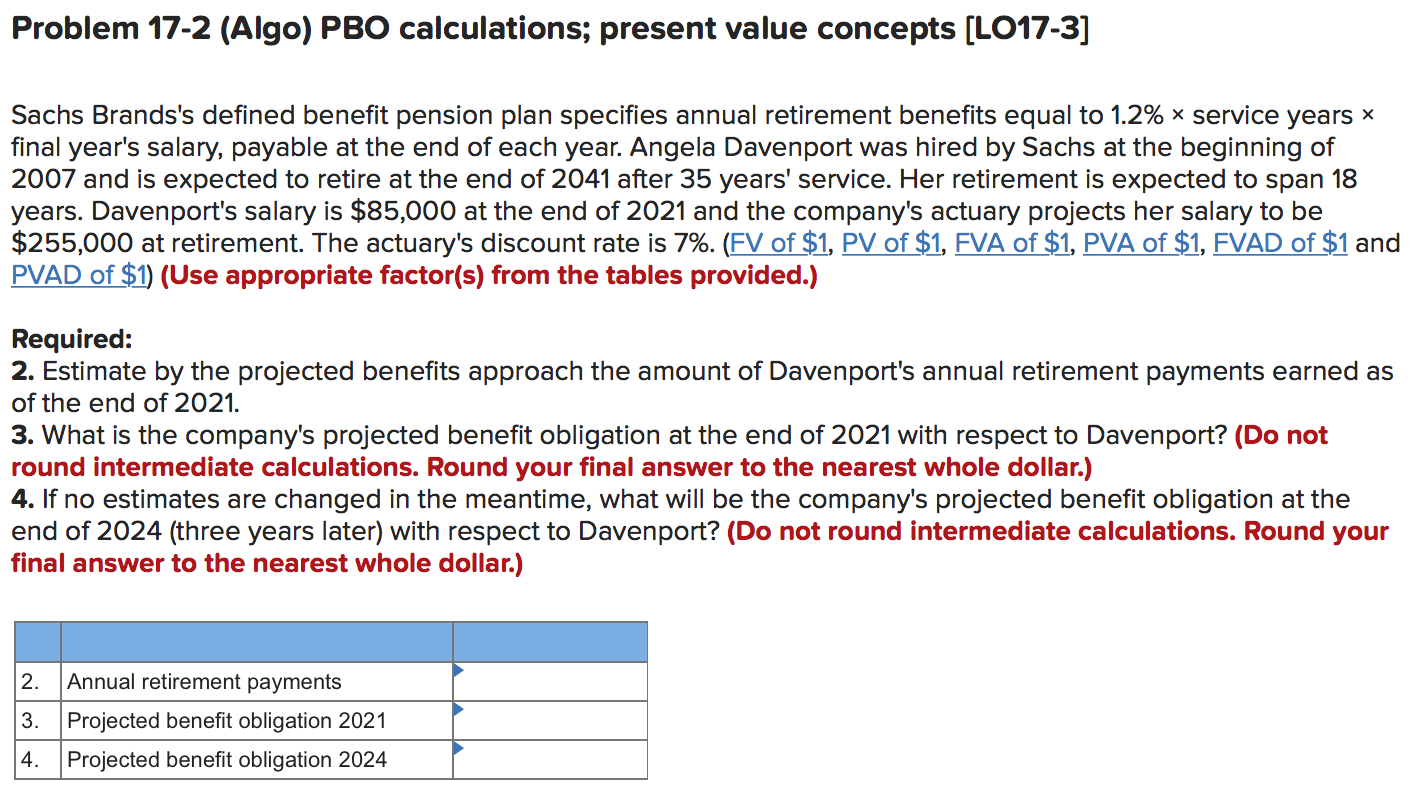 Solved Problem 17-2 (Algo) PBO calculations; present value | Chegg.com