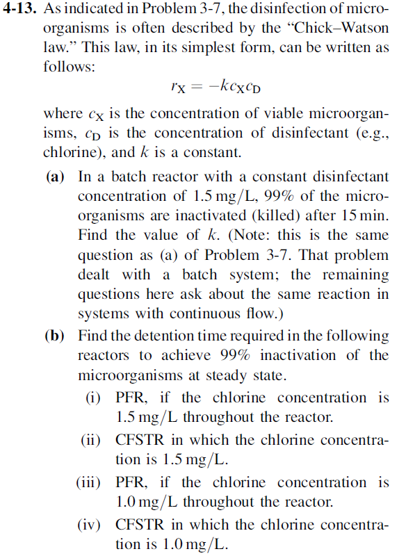 Solved 4-13. As indicated in Problem 3-7, the disinfection | Chegg.com