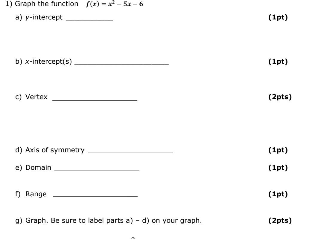Solved 1) Graph the function f(x)=x2−5x−6 a) y-intercept | Chegg.com