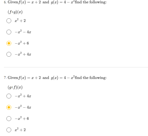Solved 6. Given f(x)=x+2 and g(x)=4−x2 find the following: | Chegg.com