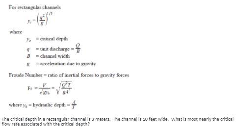 Solved For rectangular channels where y, critical depth = | Chegg.com