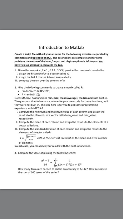Solved Introduction To Matlab Create A Script File With All