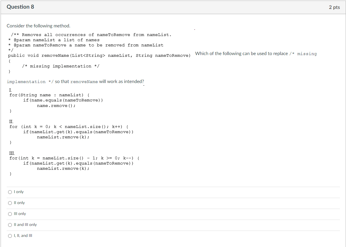 Solved Which of the following code segments will remove | Chegg.com