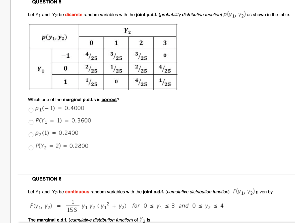 Solved QUESTION 5 Let Y1 and Y2 be discrete random variables | Chegg.com