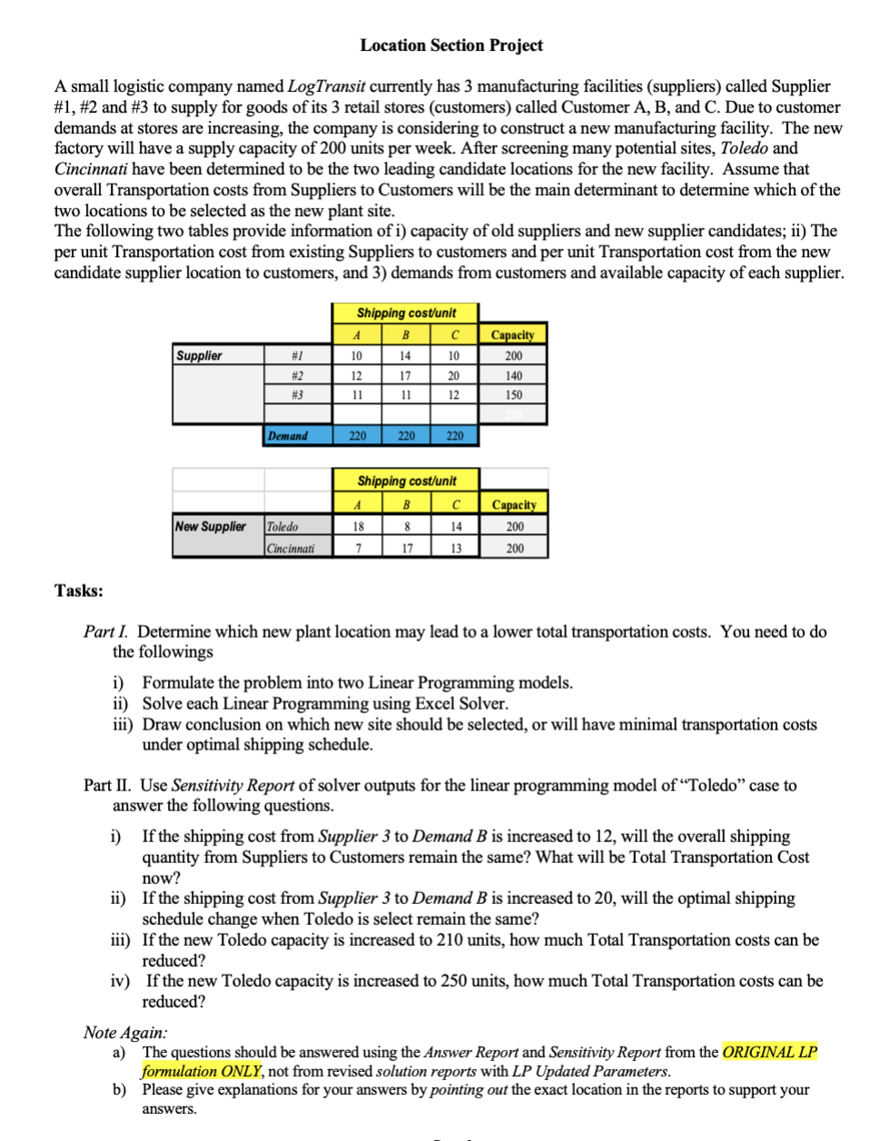 Solved Location Section Project A small logistic company | Chegg.com
