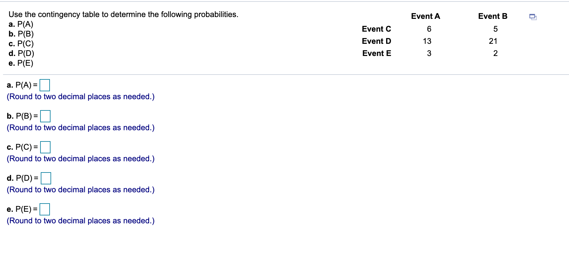 Solved Event A Event B Event C 6 5 Use the contingency table | Chegg.com