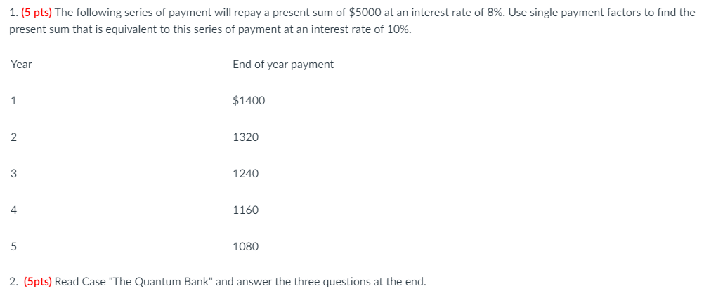 Solved 1. (5 pts) The following series of payment will repay | Chegg.com