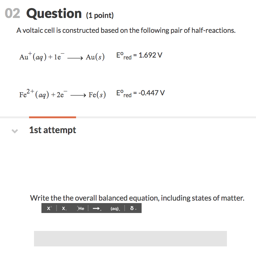 Solved 02 Question (1 point) A voltaic cell is constructed | Chegg.com