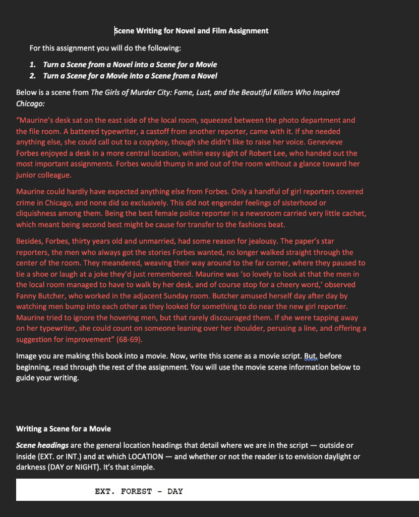 Scene Writing for Novel and Film Assignment For this | Chegg.com