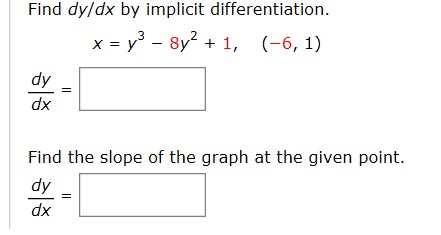 Solved Find dy/dx by implicit differentiation. x y3-8y2 + 1, | Chegg.com