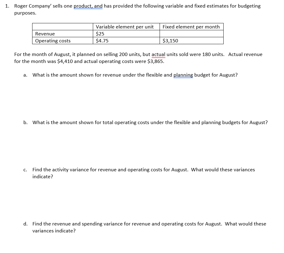 Solved Roger Company' sells one product, and has provided | Chegg.com