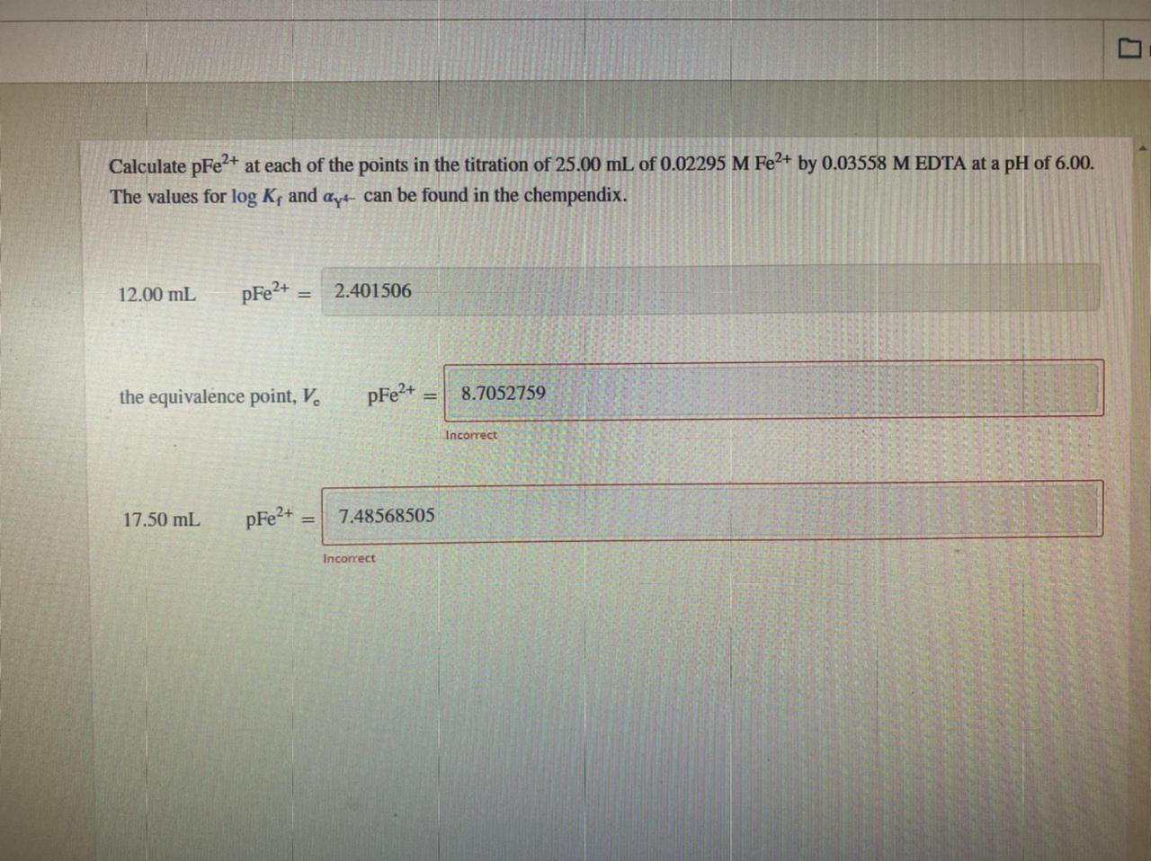 Solved Calculate pFe2+ at each of the points in the | Chegg.com